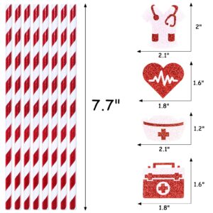 JOYMEMO 24 Pieces Nurse Party Favor Straws - Nurse Graduation Party Decorations Red, Congrats Nursing Decor, Medical RN Themed Foil Stamping Stripe Paper Straw for BSN LPN School Grad Party