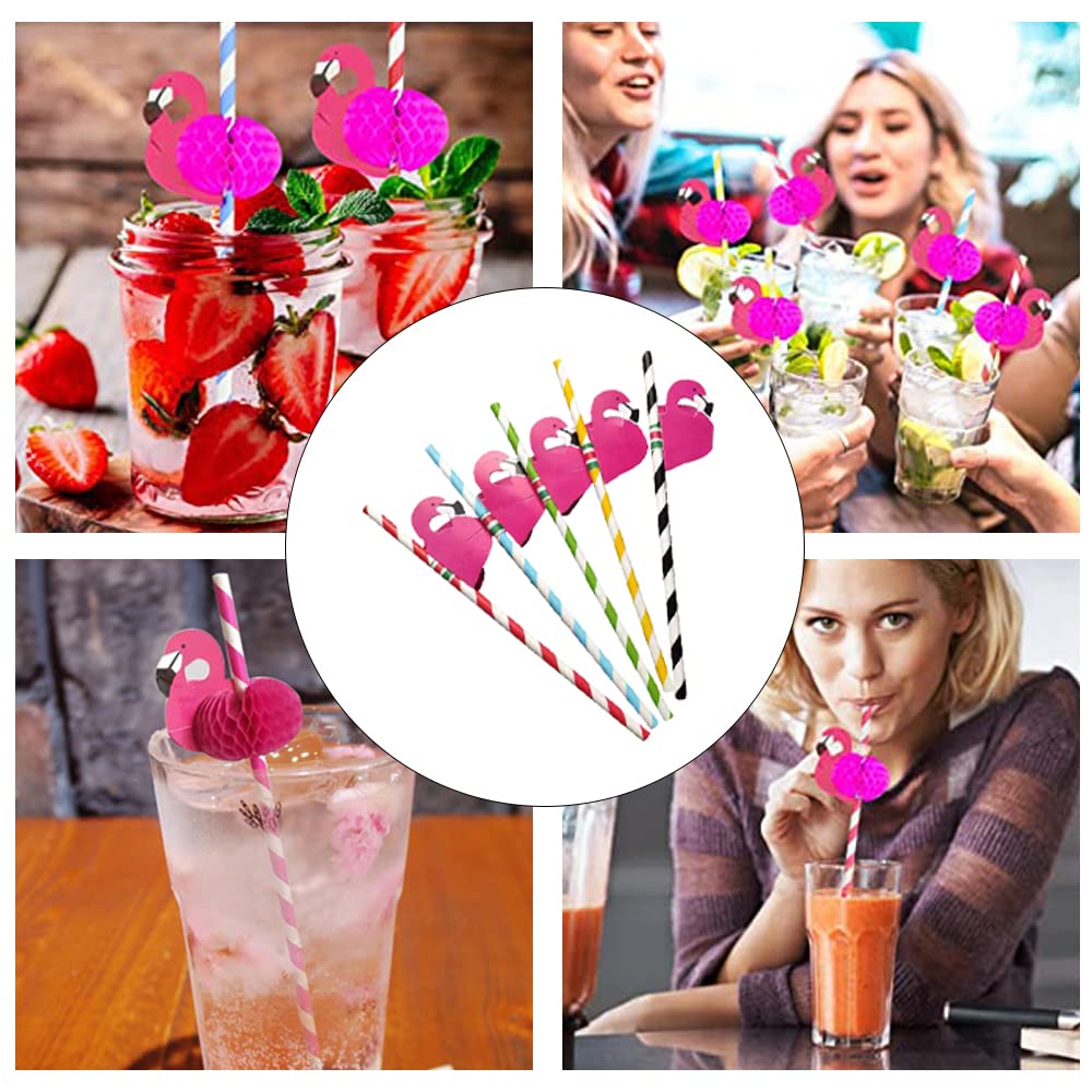 50 Pcs Flamingo Paper Straws Fashion 3D Cocktail Decorative Straws Stripe Paper Hawaiian Straws for Theme Party