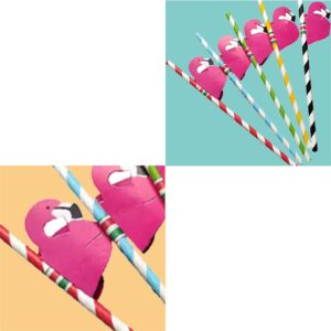 50 Pcs Flamingo Paper Straws Fashion 3D Cocktail Decorative Straws Stripe Paper Hawaiian Straws for Theme Party