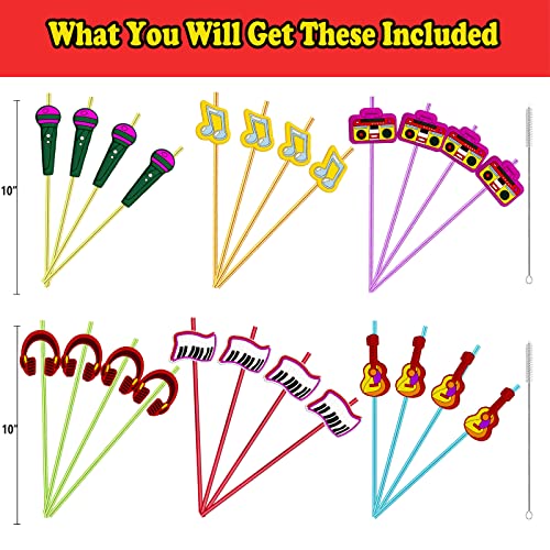 24 Pieces Music Straws for Drink Cocktail Straws Tik Tok Rock Star Rock Music Birthday Party Supplies Party Favor with 2 Pieces Cleaning Brush 6 Colors Straws