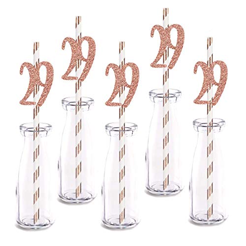 Rose Happy 29th Birthday Straw Decor, Rose Gold Glitter 24pcs Cut-Out Number 29 Party Drinking Decorative Straws, Supplies