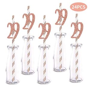 Rose Happy 29th Birthday Straw Decor, Rose Gold Glitter 24pcs Cut-Out Number 29 Party Drinking Decorative Straws, Supplies