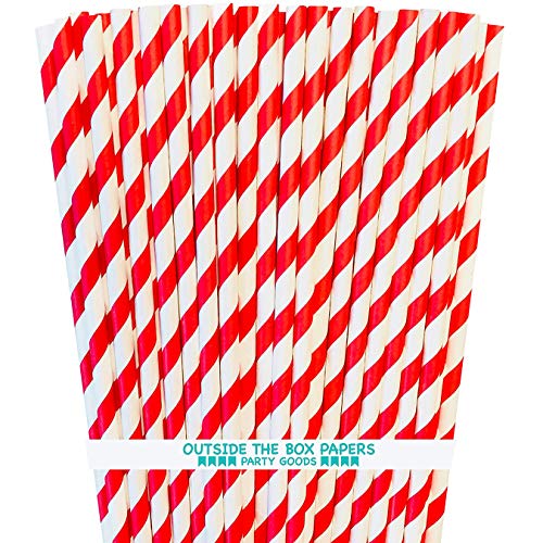 Red and White Striped Paper Straws - Valentine 4th of July Birthday Party Supply 7.75 Inches - Pack of 100 - Outside the Box Papers Brand