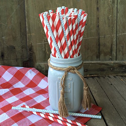 Red and White Striped Paper Straws - Valentine 4th of July Birthday Party Supply 7.75 Inches - Pack of 100 - Outside the Box Papers Brand