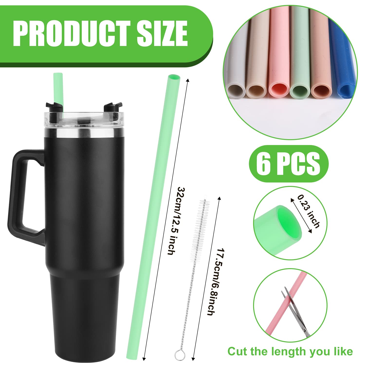 Silicone Straws Set, Including 6pcs Silicone Straws and 1pc Cleaning Brush, 12.6 inch Length Cuttable Long Straws Reusable Replacement Straws for Stanley 40 oz