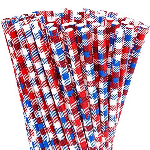 Whaline 200Pcs 4th of July Plaids Paper Straws Red Blue White Buffalo Plaids Disposable Paper Straws Patriotic Party Drinking Straws for Independence Day Memorial Day USA Themed Party Supply