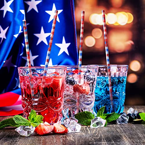 Whaline 200Pcs 4th of July Plaids Paper Straws Red Blue White Buffalo Plaids Disposable Paper Straws Patriotic Party Drinking Straws for Independence Day Memorial Day USA Themed Party Supply