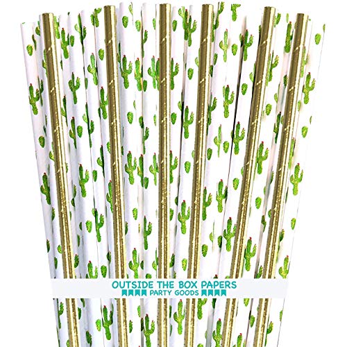 Cactus Theme Paper Straws - Green White Succulents and Gold Foil Drinking Straws - 100 Pack Outside the Box Papers Brand