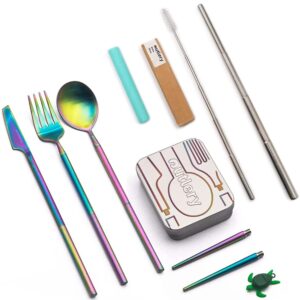 outlery | collapsible, reusable straw for travel and day trips stainless steel metal bundle with outlery | portable & reusable stainless steel travel cutlery set(rainbow)