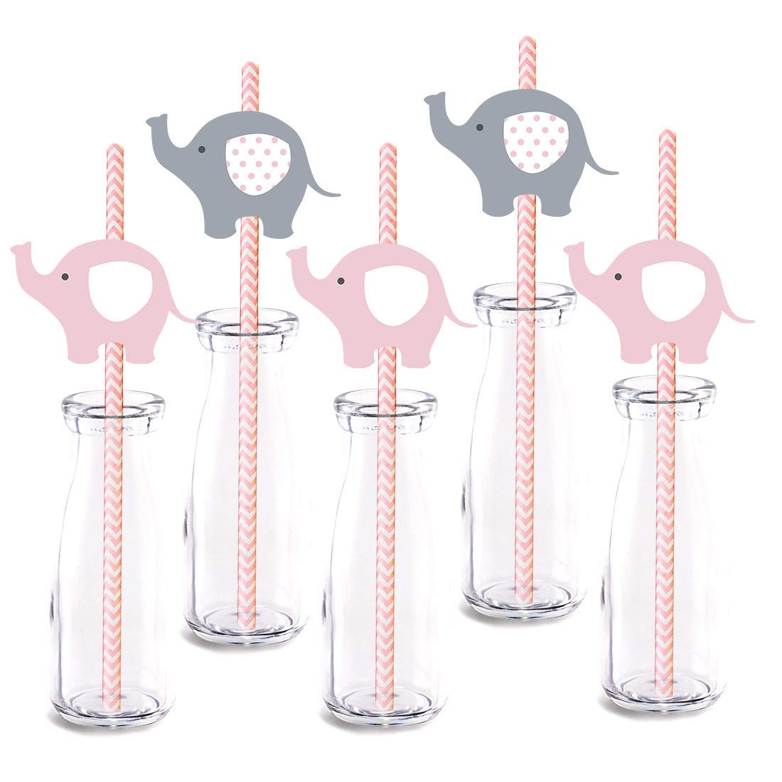 Pink Elephant Party Straw Decor, 24-Pack Girl Baby Shower Birthday Party Supply Decorations, Paper Decorative Straws