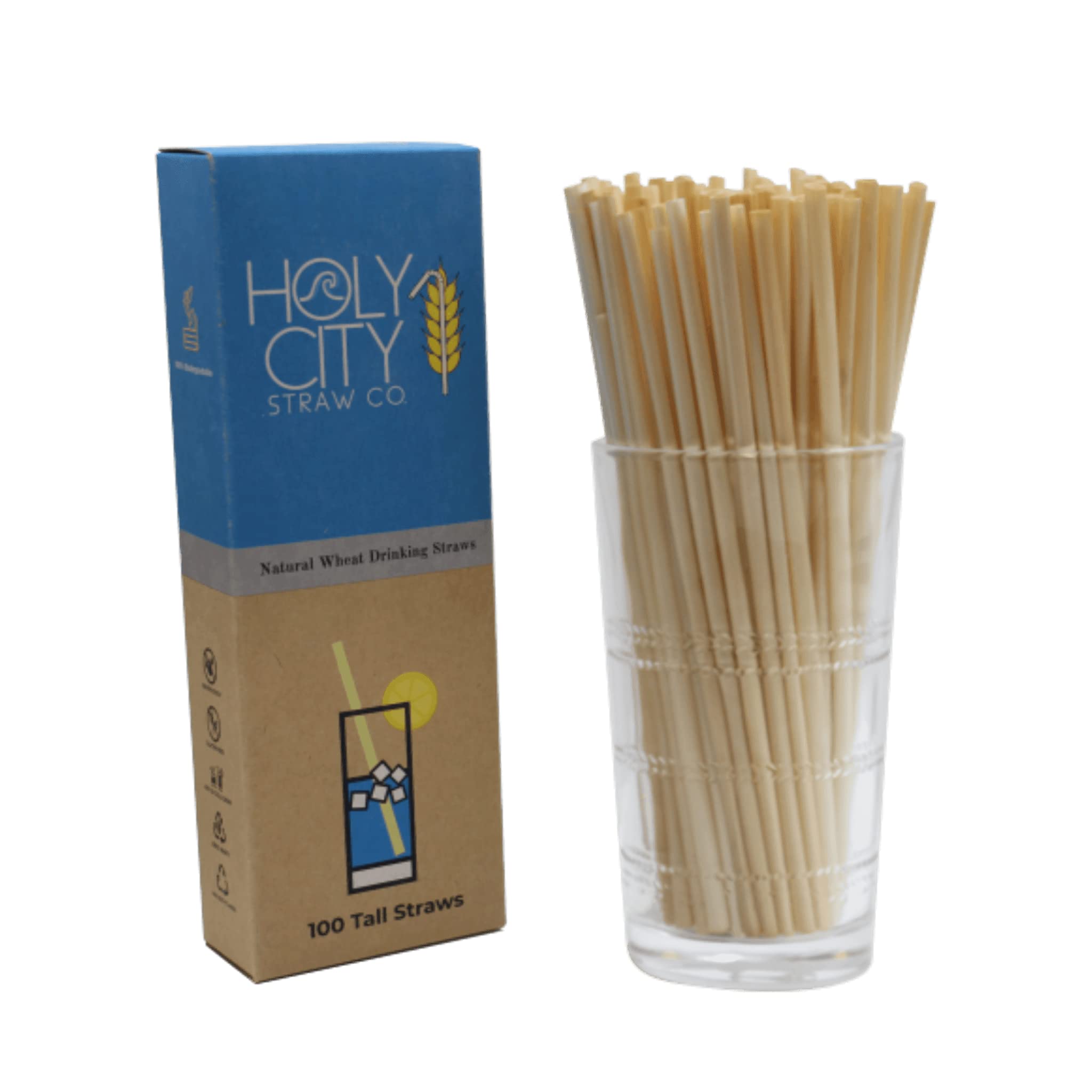 Holy City Straw Co. Premium Tall Wheat Stem Straws | 100ct. | 7.75" | 100% Biodegradable, 100% Plant-Based, Never Soggy, Gluten-Free | More Eco-Friendly than Paper, Plastic & Bioplastic Straws