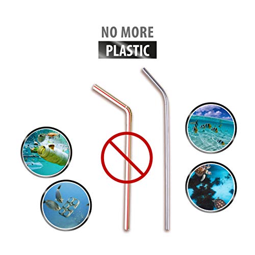 Reusable Stainless Steel Straws -(10 Pack) with Silicone Tips, Cleaning Brushes and Storage Pouch - 10.5, 8.5 inch Reuse Straight and Curved Metal Drinking Straws