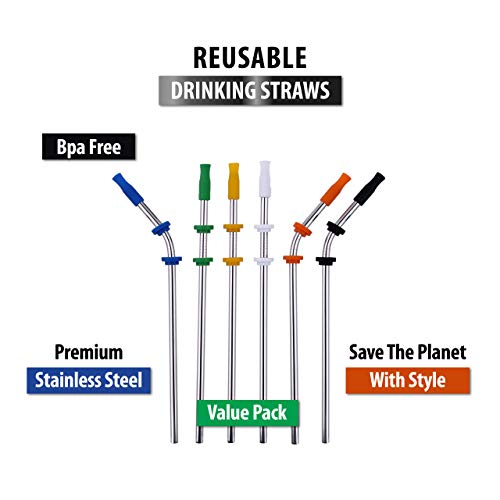 Reusable Stainless Steel Straws -(10 Pack) with Silicone Tips, Cleaning Brushes and Storage Pouch - 10.5, 8.5 inch Reuse Straight and Curved Metal Drinking Straws