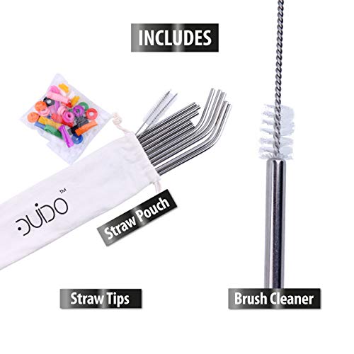 Reusable Stainless Steel Straws -(10 Pack) with Silicone Tips, Cleaning Brushes and Storage Pouch - 10.5, 8.5 inch Reuse Straight and Curved Metal Drinking Straws