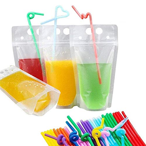 BESOKUSE Drink Pouches for Adults,Drink Pouches with Straws,Stand-Up Juice Pouches Clear Reusable Smoothie Pouch Bag(50PCS)