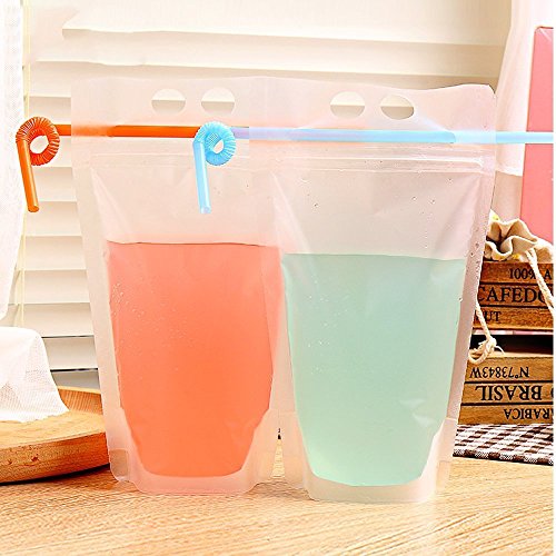 BESOKUSE Drink Pouches for Adults,Drink Pouches with Straws,Stand-Up Juice Pouches Clear Reusable Smoothie Pouch Bag(50PCS)