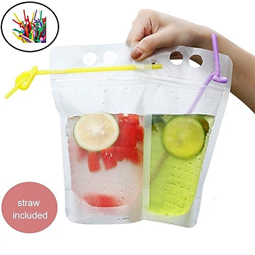 BESOKUSE Drink Pouches for Adults,Drink Pouches with Straws,Stand-Up Juice Pouches Clear Reusable Smoothie Pouch Bag(50PCS)