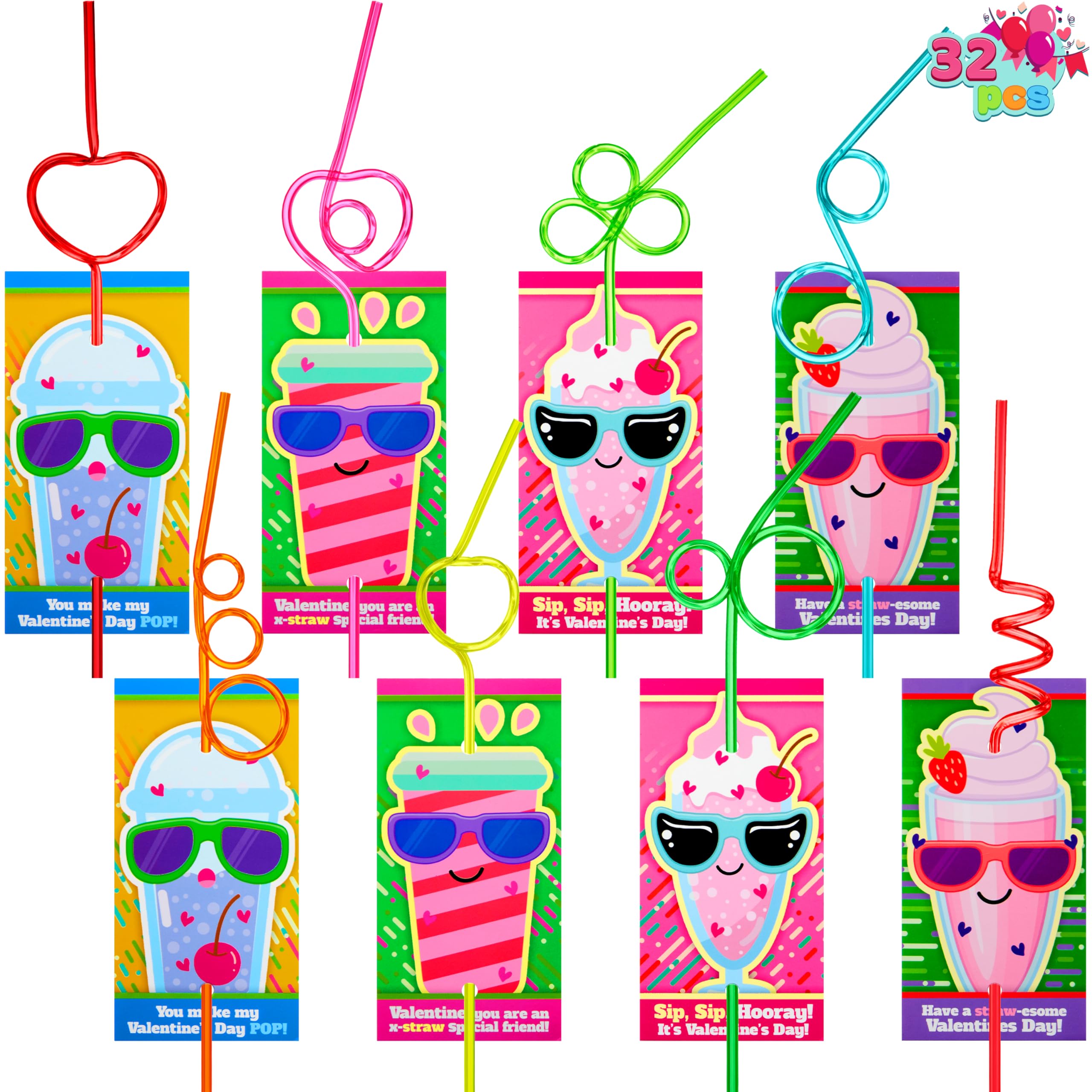 JOYIN 32 Pack valentines day Straws with Cards, Colorful Crazy Reusable Drinking Straws for kids, Valentines Day Gift, Classroom Exchange Prizes, Valentine Party Favors Gifts