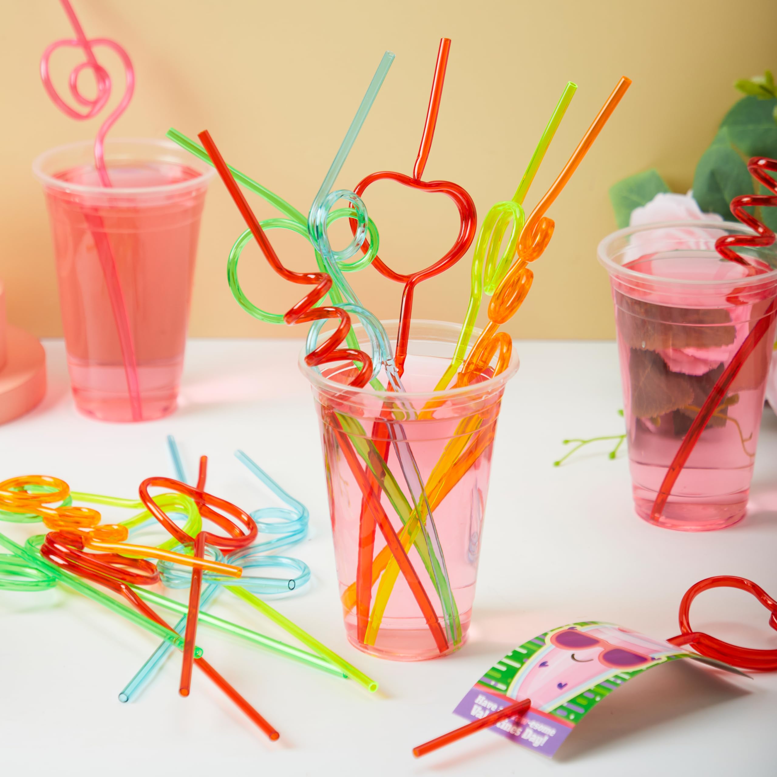 JOYIN 32 Pack valentines day Straws with Cards, Colorful Crazy Reusable Drinking Straws for kids, Valentines Day Gift, Classroom Exchange Prizes, Valentine Party Favors Gifts