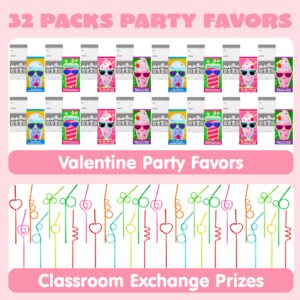 JOYIN 32 Pack valentines day Straws with Cards, Colorful Crazy Reusable Drinking Straws for kids, Valentines Day Gift, Classroom Exchange Prizes, Valentine Party Favors Gifts