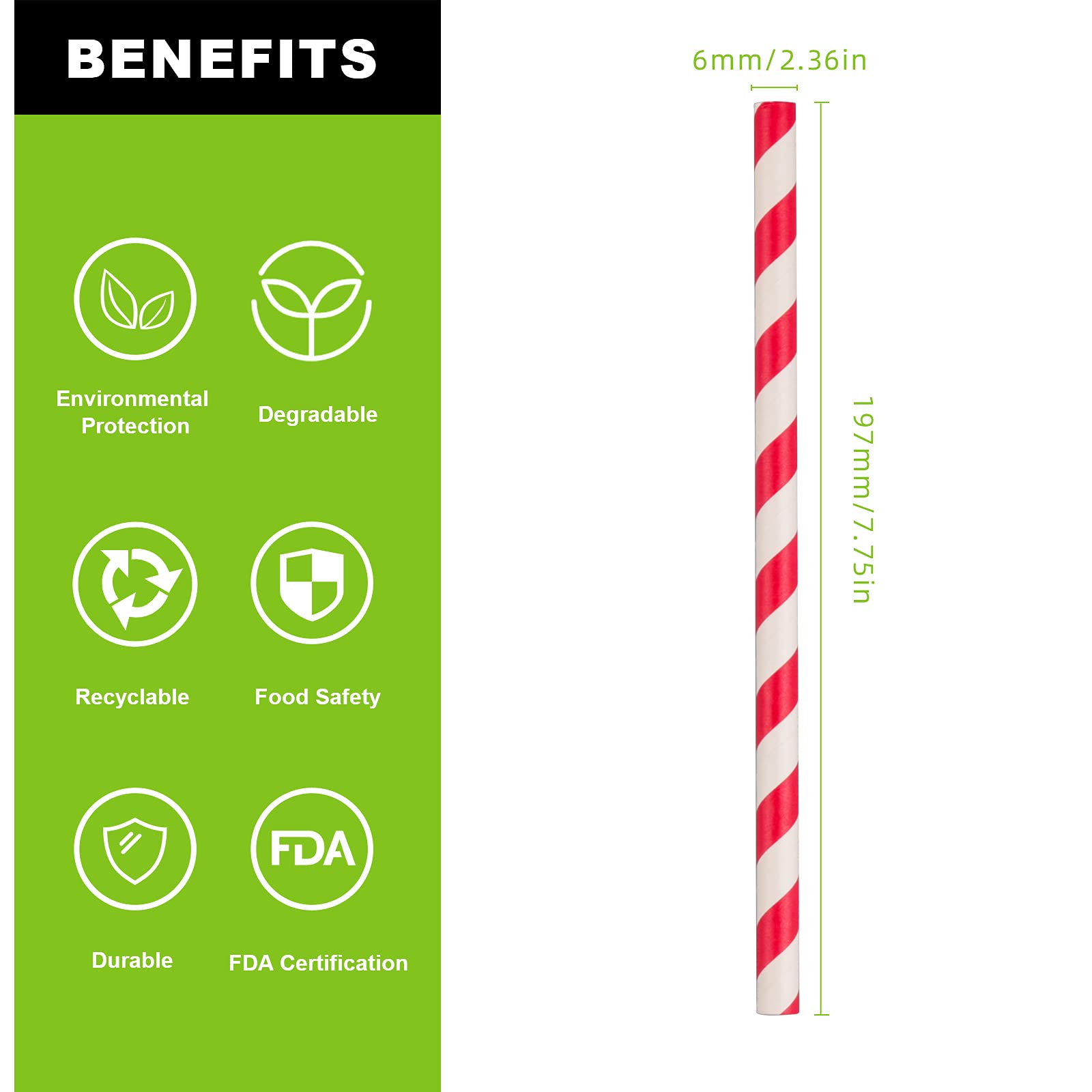 Go Green 250-Pack Red&White Paper Drinking Straws, 7.75 inch Disposable Striped Paper Straws, Natural Eco Friendly Biodegradable Drinking Straws, Party Decoration Supplies