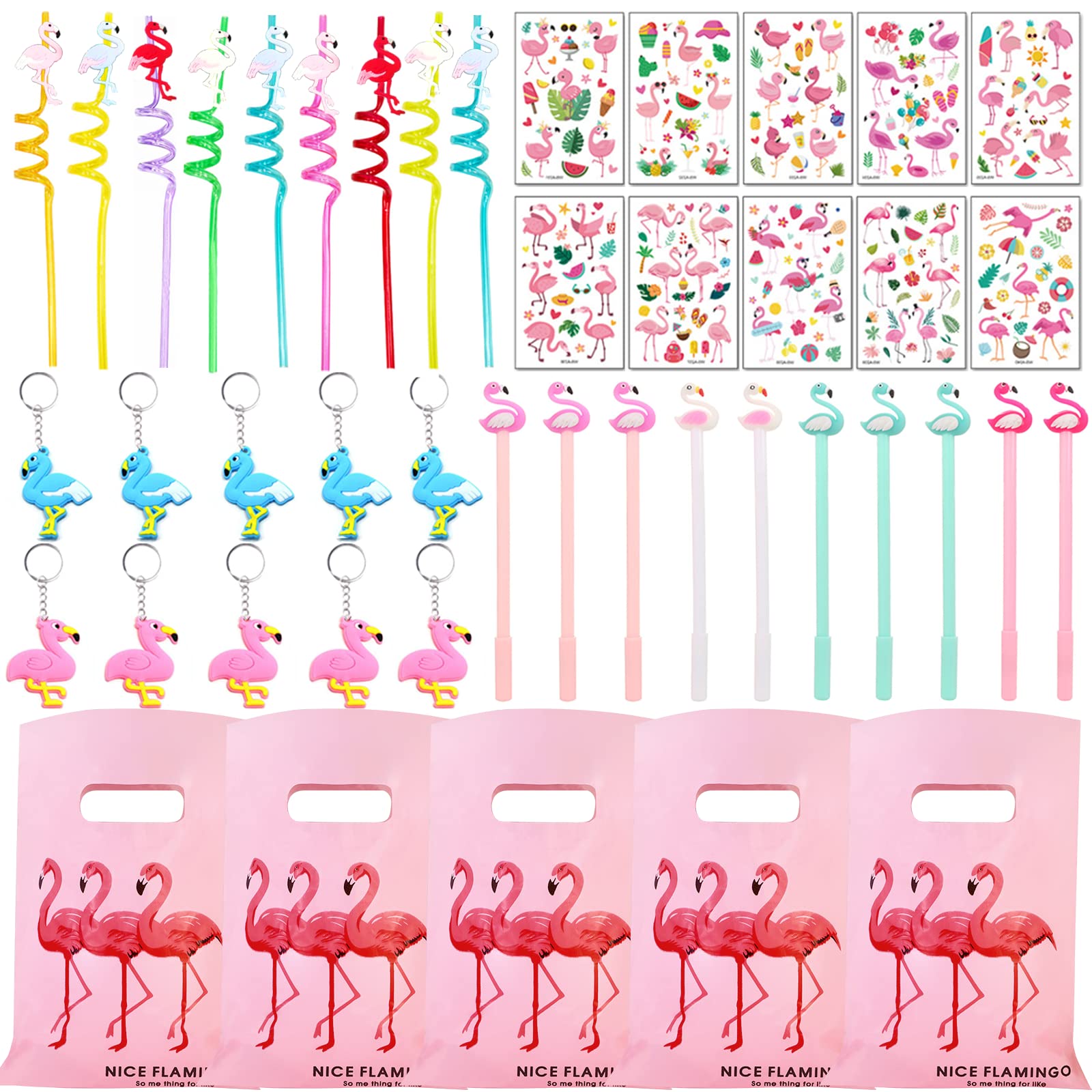 JOYMEMO 50 Pcs Flamingo Party Favors Set, Flamingo Gift Bags, Key Chains, Drinking Straws, Temporary Tattoos and Pens, Hawaii Tropical Summer Birthday Party Supplies for Kids Teens