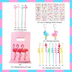 JOYMEMO 50 Pcs Flamingo Party Favors Set, Flamingo Gift Bags, Key Chains, Drinking Straws, Temporary Tattoos and Pens, Hawaii Tropical Summer Birthday Party Supplies for Kids Teens