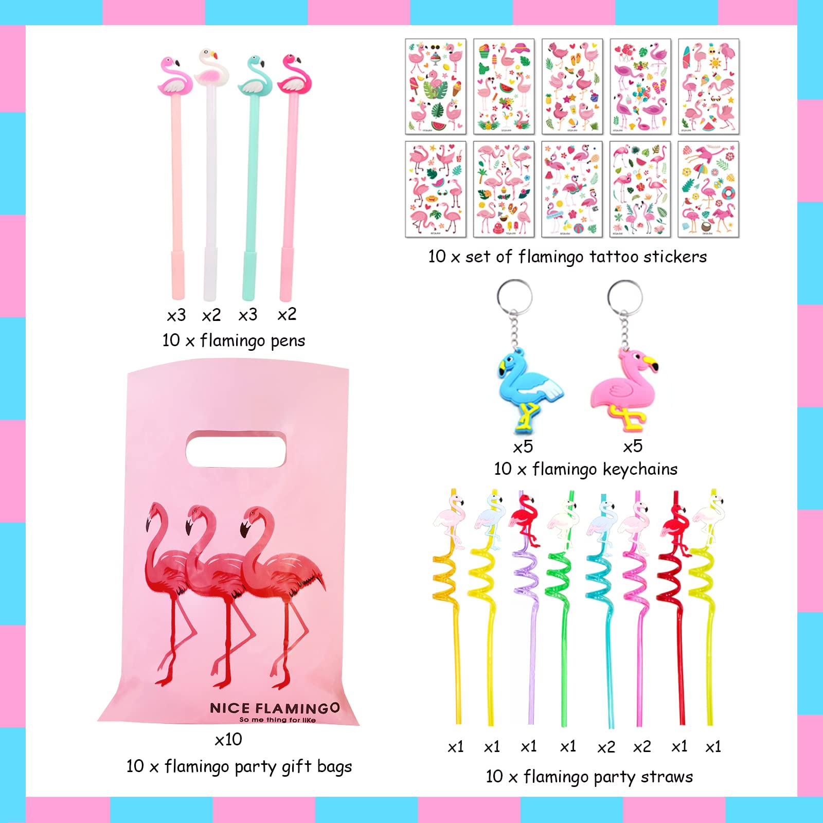 JOYMEMO 50 Pcs Flamingo Party Favors Set, Flamingo Gift Bags, Key Chains, Drinking Straws, Temporary Tattoos and Pens, Hawaii Tropical Summer Birthday Party Supplies for Kids Teens