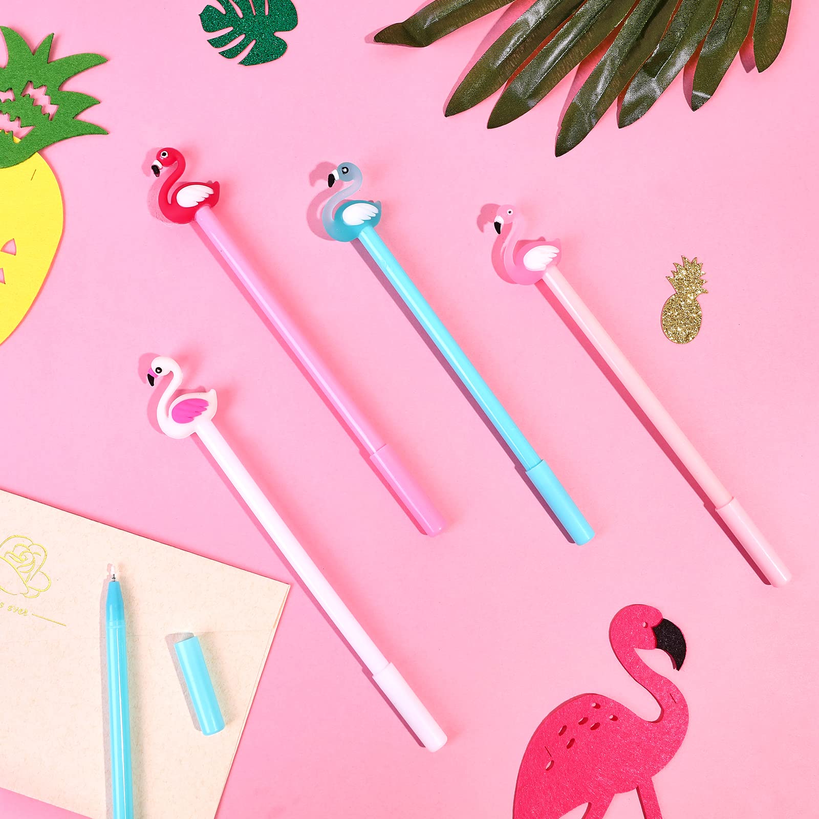 JOYMEMO 50 Pcs Flamingo Party Favors Set, Flamingo Gift Bags, Key Chains, Drinking Straws, Temporary Tattoos and Pens, Hawaii Tropical Summer Birthday Party Supplies for Kids Teens