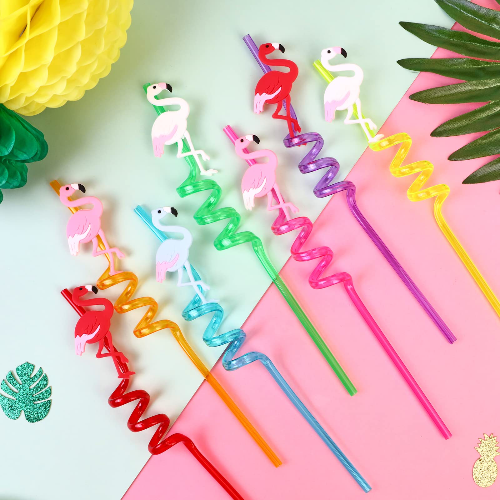 JOYMEMO 50 Pcs Flamingo Party Favors Set, Flamingo Gift Bags, Key Chains, Drinking Straws, Temporary Tattoos and Pens, Hawaii Tropical Summer Birthday Party Supplies for Kids Teens