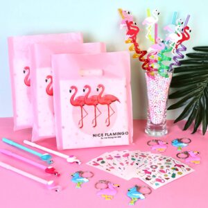 JOYMEMO 50 Pcs Flamingo Party Favors Set, Flamingo Gift Bags, Key Chains, Drinking Straws, Temporary Tattoos and Pens, Hawaii Tropical Summer Birthday Party Supplies for Kids Teens