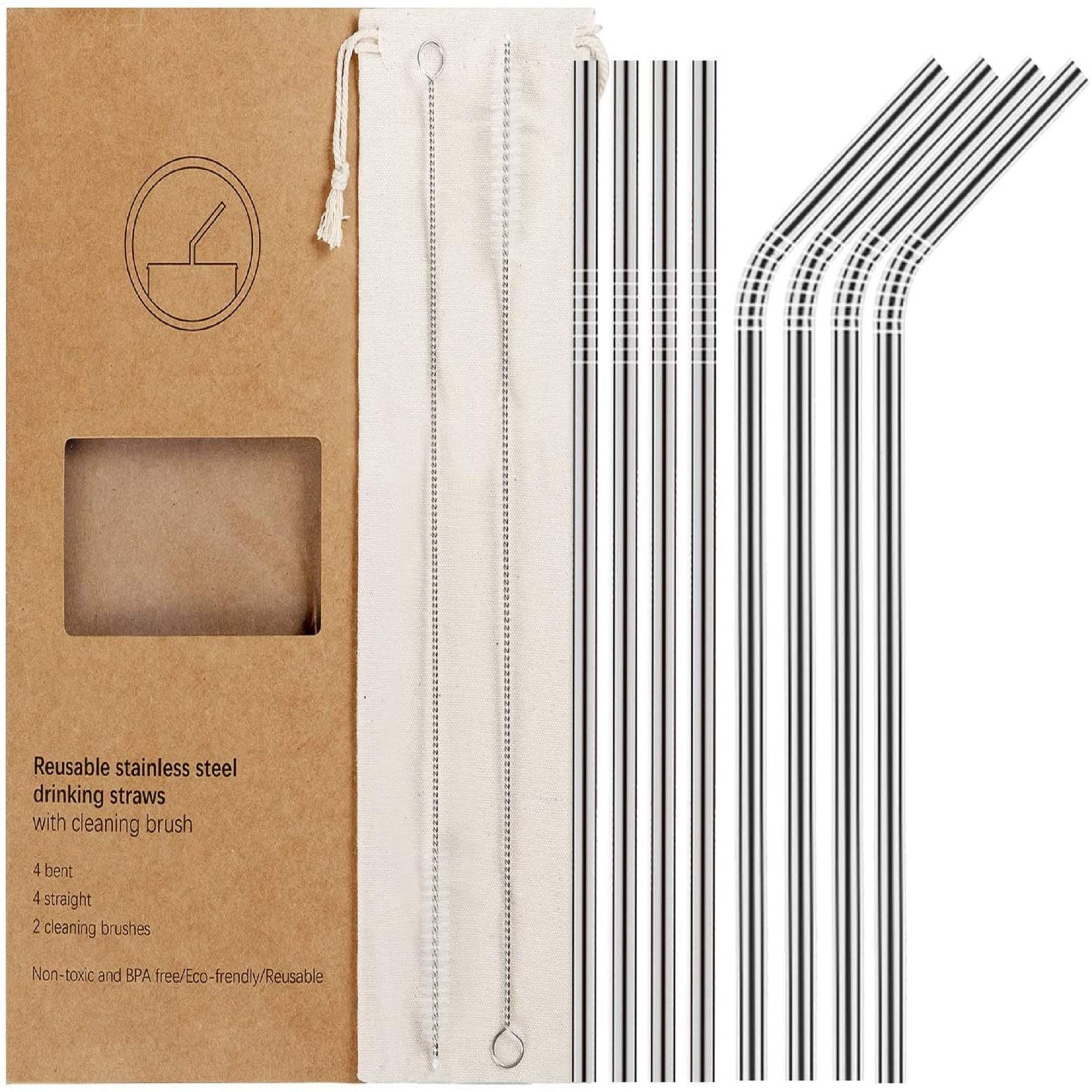 YIHONG 8 Pcs Reusable Metal Drinking Straws - 8.5Inch Stainless Steel Straws - 6mm Diameter Wide- Compatible with 20oz Yeti Tumblers - For Cold Beverage - 4 Straight + 4 Bent + 2 Brushes+1 Pouch