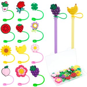 wwyichen 12 pieces silicone straw cover cute flowers plants fruits straw caps reusable dust-proof straw cover drinking straw caps for 6-8 mm straws