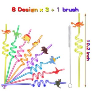 Dinosaur Party Favors Dinosaur Reusable Straws for Birthday Party Supplies with Cleaning Brush (24PCS)