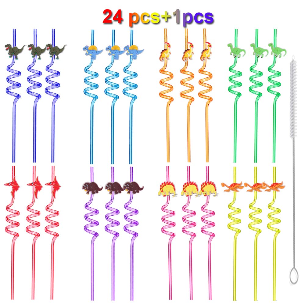 Dinosaur Party Favors Dinosaur Reusable Straws for Birthday Party Supplies with Cleaning Brush (24PCS)