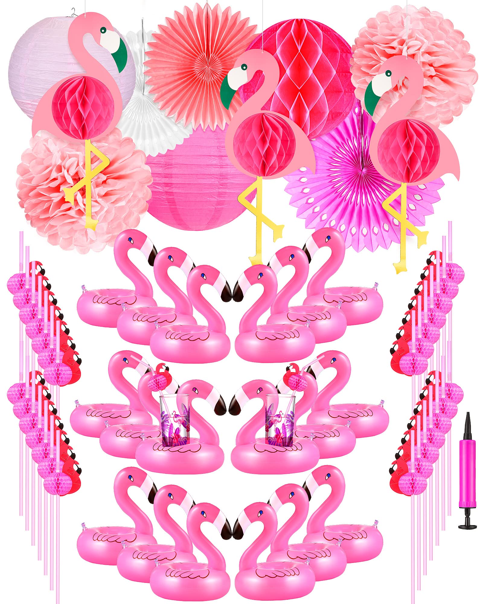 97 Pieces Flamingo Party Decorations Set, Including 36 Inflatable Drink Floats 50 Pink Flamingo Straws 11 Pink Flamingo Party Decorations Reusable Pool Drink Holder Plastic Drinking Straws for Party