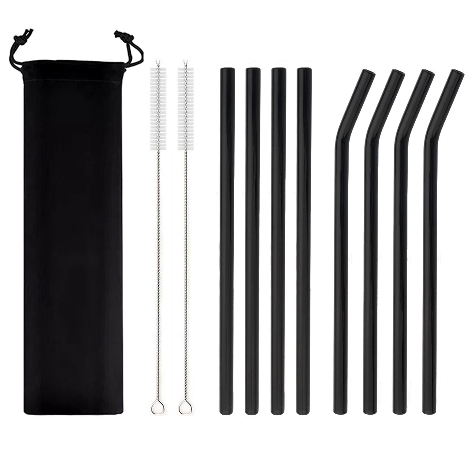 JASHII 8pcs Black Glass Straws, Reusable Crystal Drinking Straws Glass Colorful, Shatter Resistant with 2 Cleaning Brush for Smoothies Milkshakes Juices Boba Teas(7.87''x0.3'')