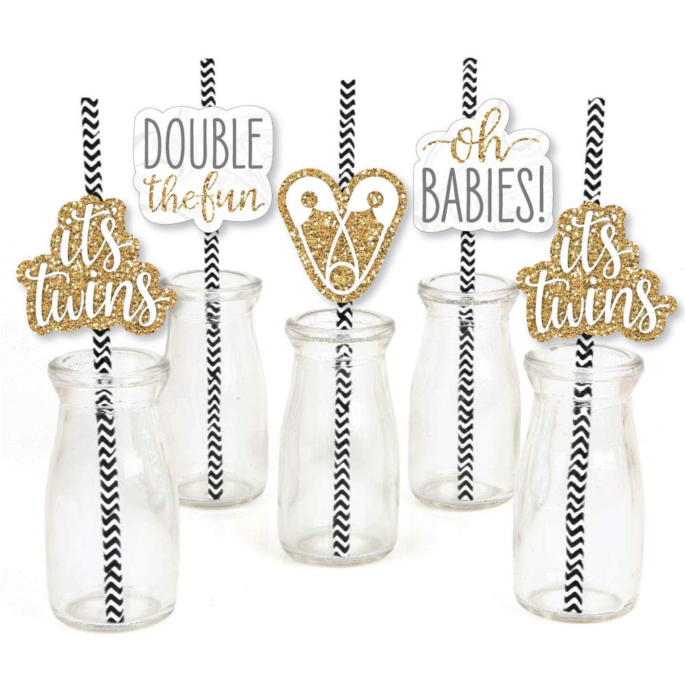 It's Twins - Paper Straw Decor - Gold Twins Baby Shower Striped Decorative Straws - Set of 24