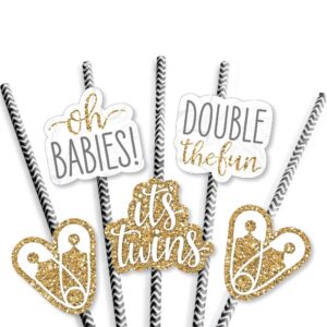 It's Twins - Paper Straw Decor - Gold Twins Baby Shower Striped Decorative Straws - Set of 24