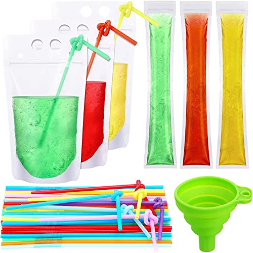 Drink Pouches for Adults and Popsicle Bags with Straws, 50 Pcs Smoothie Ice Pop Bags, 30 Pcs Hand-Held Reclosable Drink Bags, 30 Pcs Straws & Funnel