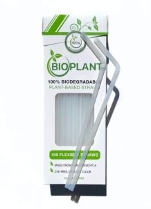 bioplant 100 pack plant-based corn biodegradable straws. flexible bendable bendy straws, plastic-free disposable straws. eco friendly alternative to plastic straws & not soggy like paper straws