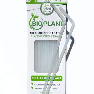 BIOPLANT 100 Pack Plant-based Corn Biodegradable Straws. Flexible Bendable Bendy Straws, Plastic-Free disposable straws. Eco Friendly alternative to Plastic Straws & Not Soggy like Paper Straws