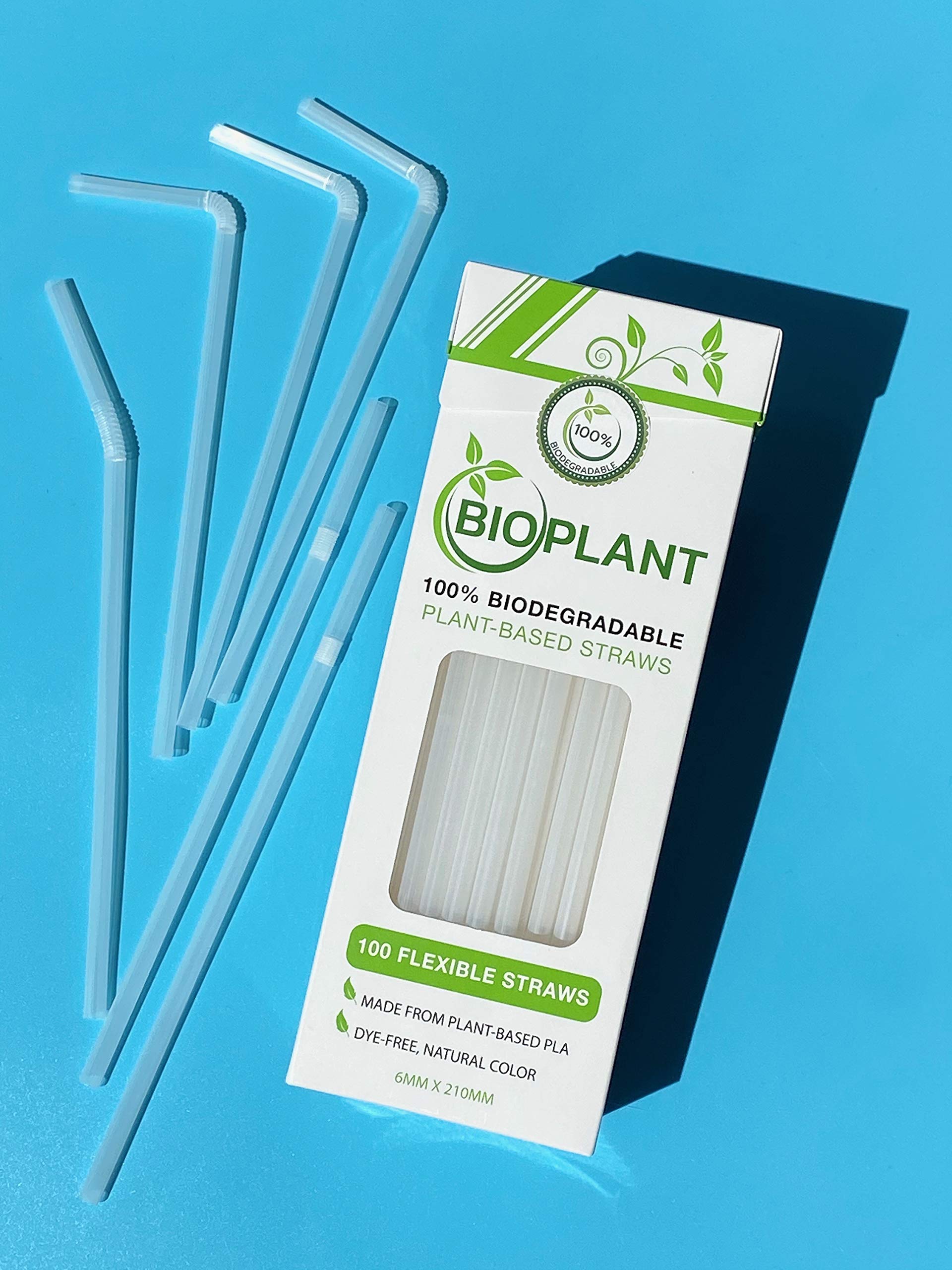 BIOPLANT 100 Pack Plant-based Corn Biodegradable Straws. Flexible Bendable Bendy Straws, Plastic-Free disposable straws. Eco Friendly alternative to Plastic Straws & Not Soggy like Paper Straws