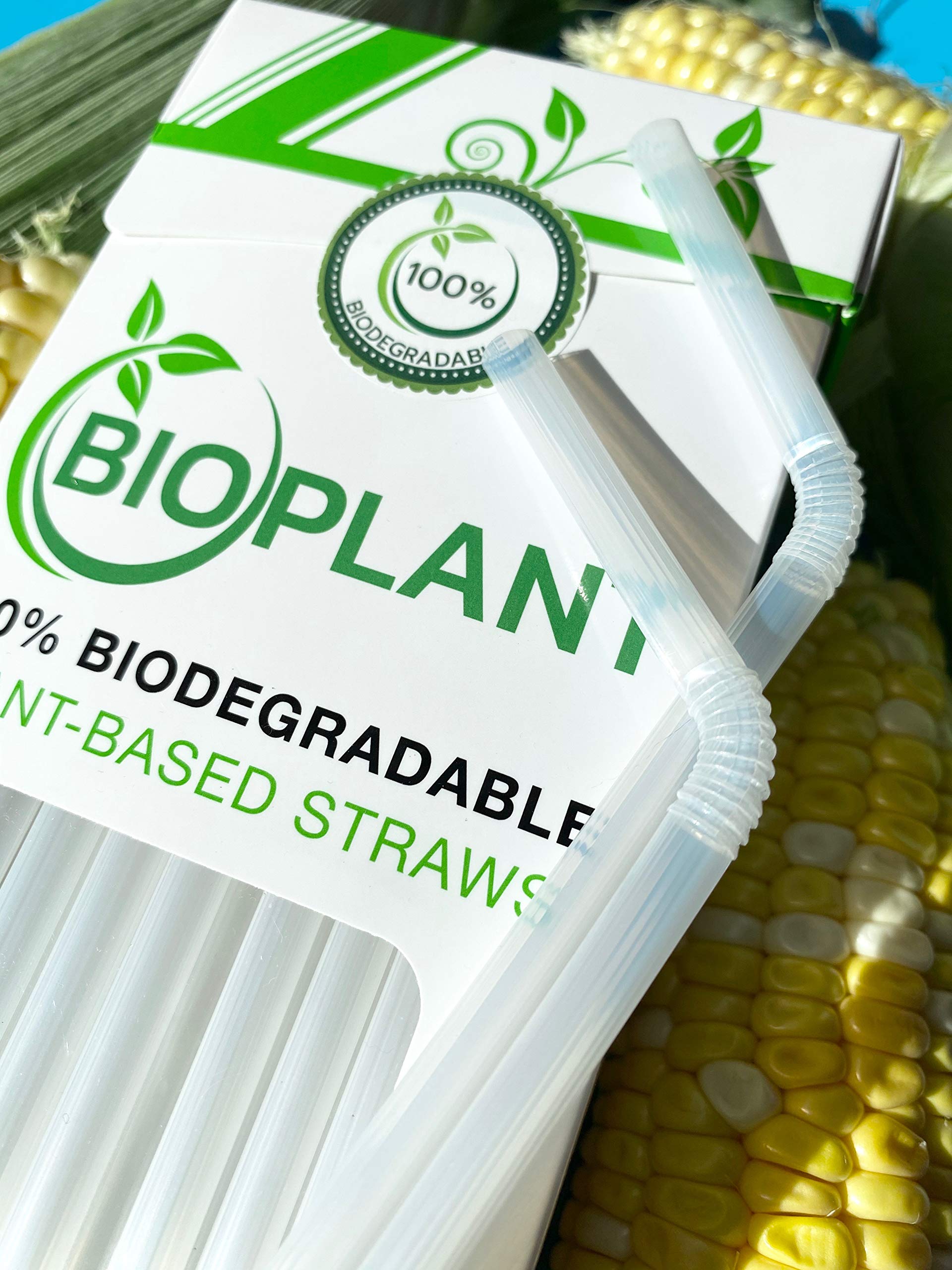 BIOPLANT 100 Pack Plant-based Corn Biodegradable Straws. Flexible Bendable Bendy Straws, Plastic-Free disposable straws. Eco Friendly alternative to Plastic Straws & Not Soggy like Paper Straws