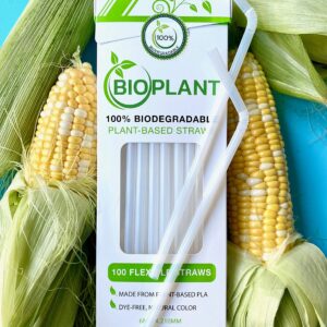 BIOPLANT 100 Pack Plant-based Corn Biodegradable Straws. Flexible Bendable Bendy Straws, Plastic-Free disposable straws. Eco Friendly alternative to Plastic Straws & Not Soggy like Paper Straws