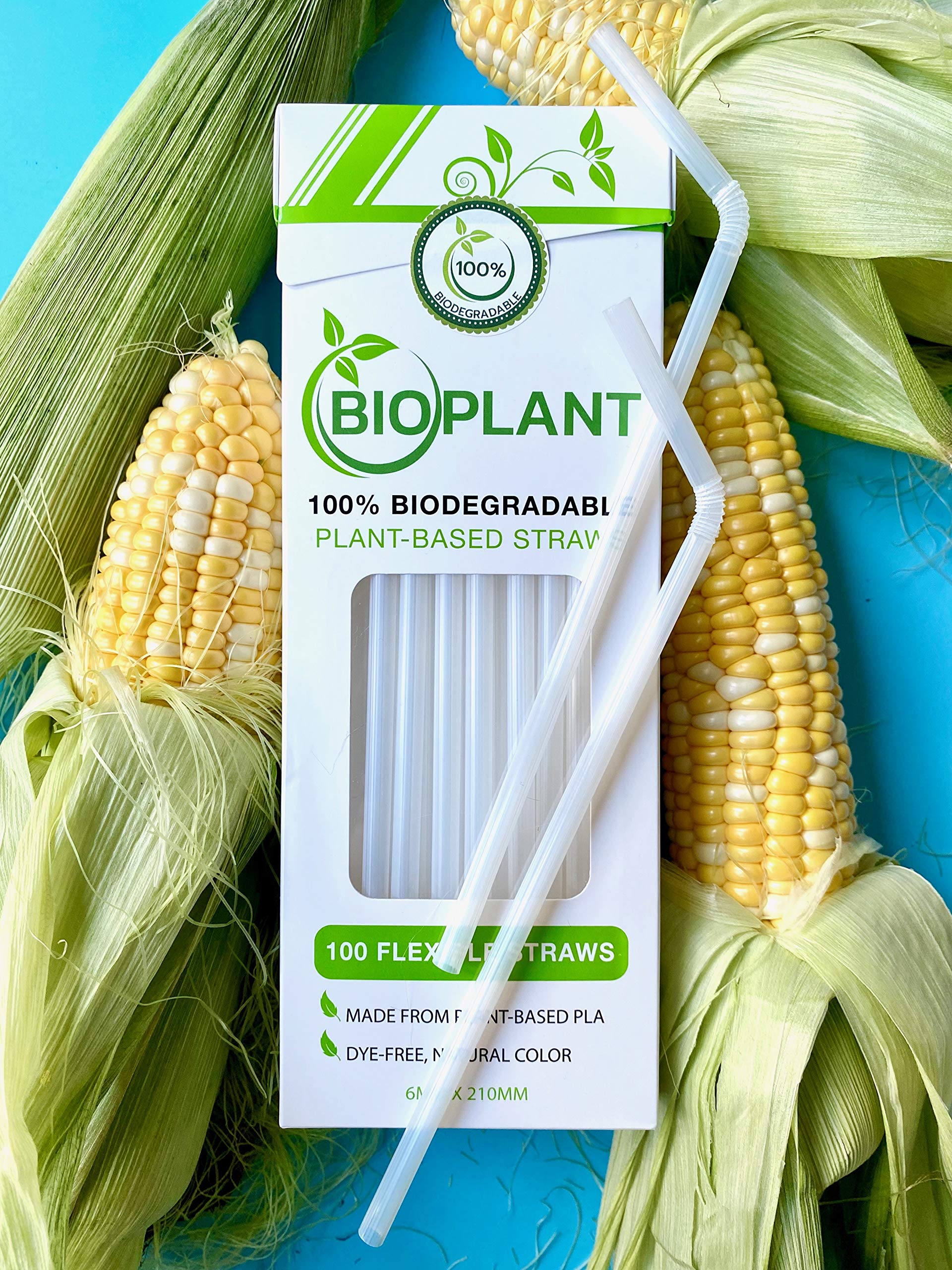 BIOPLANT 100 Pack Plant-based Corn Biodegradable Straws. Flexible Bendable Bendy Straws, Plastic-Free disposable straws. Eco Friendly alternative to Plastic Straws & Not Soggy like Paper Straws