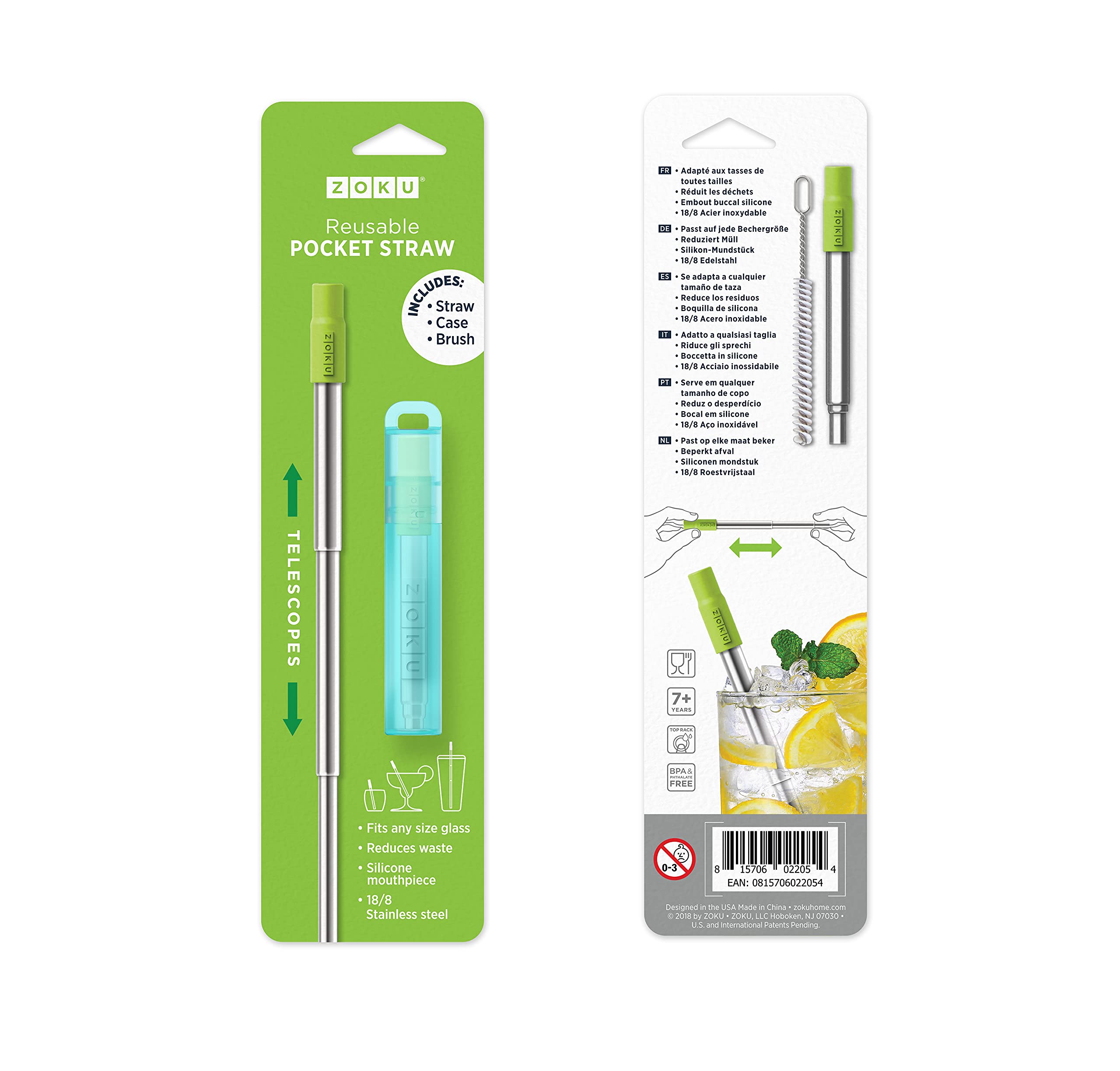 Zoku Reusable Pocket Straw, Telescopic Stainless Steel Drinking Straw with Silicone Mouthpiece, Adjustable to 9 Inches, Teal