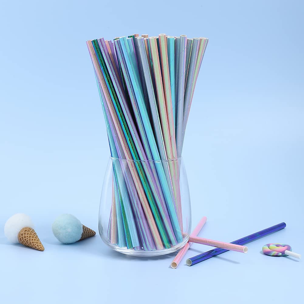 300 Pcs Paper Straws for Drinking Iridescent Party Straws Premium Disposable Drinking Paper Straws for Hawaiian Birthday Wedding Party Decoration