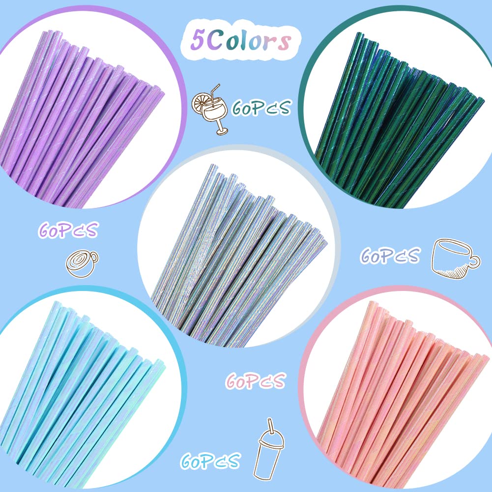 300 Pcs Paper Straws for Drinking Iridescent Party Straws Premium Disposable Drinking Paper Straws for Hawaiian Birthday Wedding Party Decoration