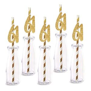 61st birthday paper straw decor, 24-pack real gold glitter cut-out numbers happy 61 years party decorative straws